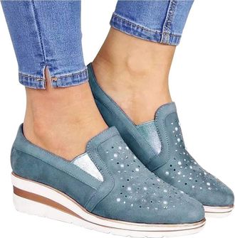 Minetom Damen Keilabsatz Schuhe Plateau Strass Lässige Halbschuhe Modische Vintage Slip On Bootsschuhe Freizeit Low Top Freizeitschuh Bequeme Schlupfschuhe A 