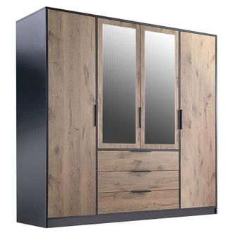 Vente-Unique Vente-unique - Armoire 4 portes et 3 tiroirs - Avec miroirs - L196 cm - Coloris : Naturel et noir - lamiki