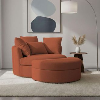M&S Collection Fauteuil rond loveuse pivotante + coffre en tissu textur&eacute; terracotta