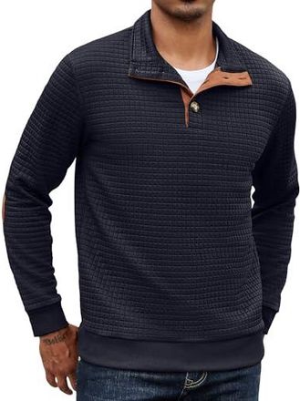 Coofandy Sweat-shirts gaufr&eacute;s pour homme - Pull dhiver &agrave; col montant - Sweat-shirt &agrave; boutons - D&eacute;contract&eacute; - Matelass&eacute;, A - Bleu fonc&eacute;, M