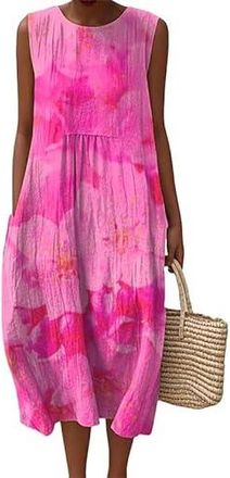 Keephen Robe midi bohème à col Rond dété pour Femmes Fleurs sans Manches Poche à Pull imprimée ludique 3D Longues Robes de Plage