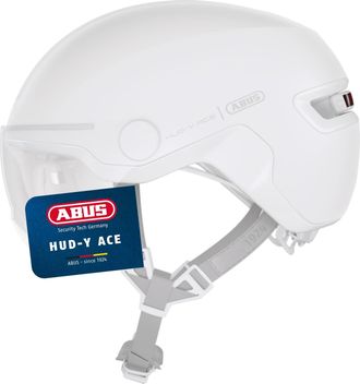 ABUS Stadthelm HUD-Y ACE - stylischer Fahrradhelm mit Visier und magnetischem, aufladbarem LED-Rücklicht - für Damen und Herren - Pure White, Größe M