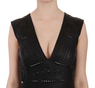 John Richmond Womens Black Leather Studded Mini Shift Dress