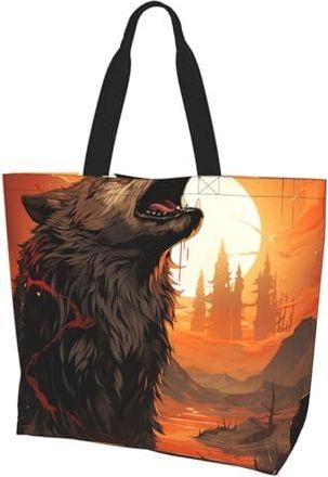 Generic Loup Hurlant Et Lune Sac Courses Pliable Sacs De Courses D&eacute;contract&eacute; Sac A Main Femme Pour Travail Shopping Quotidienne