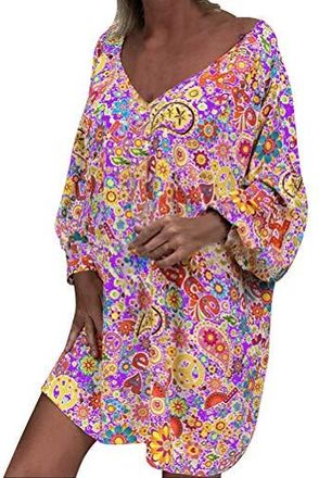 ORANDESIGNE Robes Femme de Plage Robes Casual Grande Taille Loose Robe Asymétrie Chic Florale Boho Manche Courte Col Rond Party été Robe Z4 Violet 48