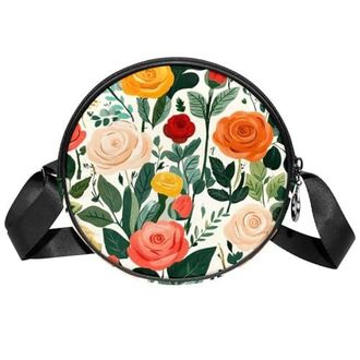 Generic Sac &agrave; bandouli&egrave;re circulaire pour femme, motif feuilles vertes roses, petit sac &agrave; bandouli&egrave;re avec fermeture &eacute;clair, bretelles r&eacute;glables, sac &agrave; main r