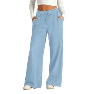 Generic Pantalon de jogging baggy pour femme - Jambes larges - Taille haute - Pantalon en jean - Pantalon de loisirs - Couleur unie - Confortable - Pantalon d