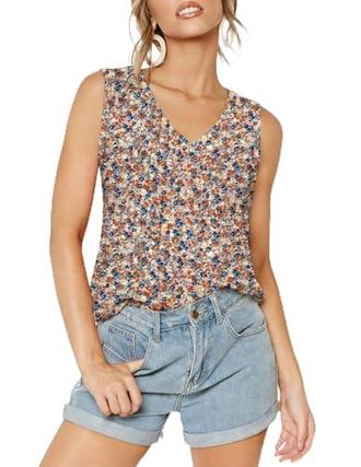 Zeagoo D&eacute;bardeur &eacute;l&eacute;gant pour femme - Col en V - Sans manches - D&eacute;contract&eacute; - En tissu &agrave; oeillets, rose floral, XXL