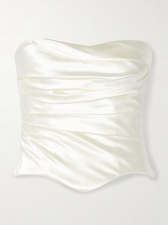 Danielle Frankel Demi Strapless Draped Silk And Wool-blend Satin Bustier Top - Neutrals
