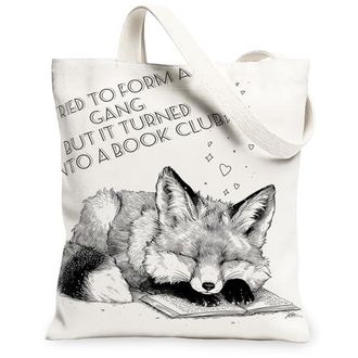 Generic Sac fourre-tout en toile motif renard, sac dépicerie réutilisable, léger et lavable avec bandoulière pour le shopping, blanc, 13x15 Inch