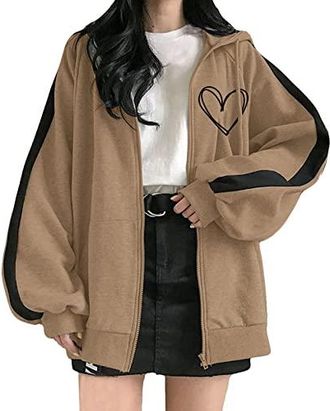 Generic Sweat à capuche zippé noir surdimensionné pour femme - Sweat-shirt zippé pour femme sans capuche - Sweat uni à capuche - Pulls longs avec poches - Ves