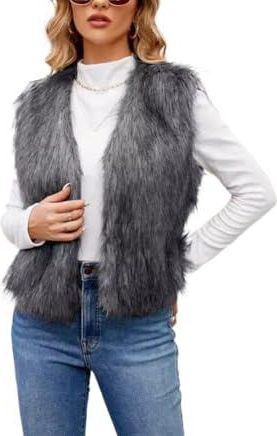 Generic Veste Gilet en Fausse Fourrure floue pour Femme Gilet sans Manches Ouvert sur Le Devant v&ecirc;tements dext&eacute;rieur (Grey,3TG)