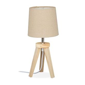 Relaxdays Tischlampe Dreibein, Holz & Stoff, E14, skandinavisches Design, HxD: 31 x 14 cm, Nachttischlampe, natur/beige