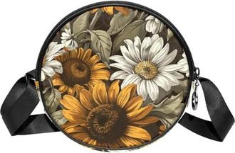 Generic Petit sac &agrave; bandouli&egrave;re rond pour femme, motif tournesol avec fermeture &eacute;clair, bretelles r&eacute;glables, style d&eacute;contract&eacute;, pour femmes et filles