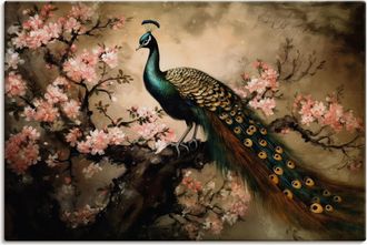 Artland Wanddeko Leinwand Bilder Wandbild 120x80 cm Asiatische Deko Pfau Baum Blumen Kirschblüten Vintage U4WA