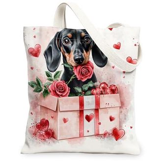 Generic Sac fourre-tout en toile motif teckel pour le shopping, 33 x 38 cm, cadeau amusant pour la Saint-Valentin, sac d&eacute;picerie r&eacute;utilisable pour femme, moti