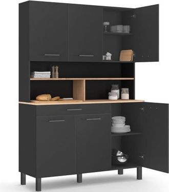 IDMarket Buffet de Cuisine 120 cm CINA 6 Portes + tiroir Noir et Plateaux fa&ccedil;on h&ecirc;tre
