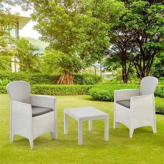 Dmora Outdoor-Lounge-Set Foggia, Gartengarnitur mit 2 Sesseln und 1 Couchtisch, Sitzecke in Rattan-Optik mit Kissen, 100 % Made in Italy, Wei&szlig; - Dmora