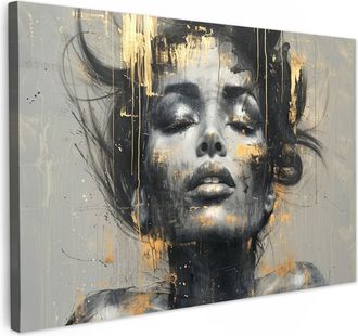 MuchoWow © Leinwand Groß 120x80 cm XXL Deko Schlafzimmer Aesthetic Leinwandbilder Wohnzimmer Gemälde Foto Geschenk Living Room Decoration Frau - Kunst - Gold -