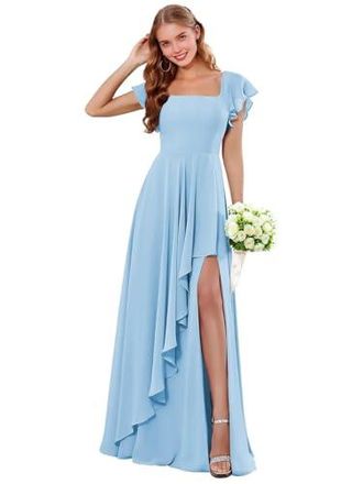 Generic Robe de demoiselle dhonneur à manches courtes en mousseline de soie avec fente et col carré à volants Robe de soirée formelle, bleu clair, 52 Grande t