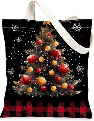 Generic Sac fourre-tout en toile motif arbre de No&euml;l, sacs d&eacute;picerie r&eacute;utilisables, r&eacute;tro l&eacute;gers et lavables avec bandouli&egrave;re pour salle de sport, voyage, piq