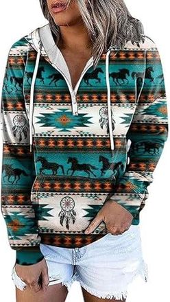 Keephen Veste &agrave; Capuche Western Aztec pour Femmes 1/4 Zip Pullover Cordon de Serrage Sweatshirt avec Poche