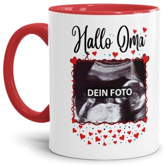 Tassendruck Tasse - Hallo Baby - mit EIGENEM Ultraschallbild zum SELBSTGESTALTEN f&uuml;r Oma - Schwanger - Geschenkidee Familie - Erinnerung - Innen & Henkel Rot