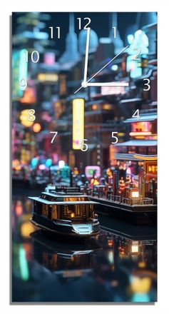 Wallario Design-Wanduhr, Acrylglasuhr Größe 30 x 60 cm, weiße Zeiger, Motiv Stadt bei Nacht