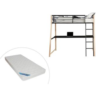 Vente-Unique Lit mezzanine MALICIA - 90 x 190 cm - bureau intégré - Noir et chêne + matelas