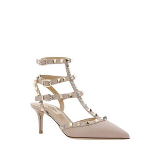 Valentino Garavani Womens Studded Leather Pumps Beige Calf