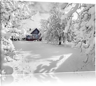 Pixxprint einsame Hütte in schöner Winterlandschaft B&W, Größe: 100x70cm, Leinwandbild, fertig gespannt, Wandbild, Dekoration, Kunstdruck, kein Poster
