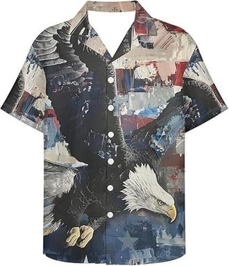 Keephen kewing Patriotique Drapeau USA Chemises Hommes/Femmes Aigle/Loup Impression 3D Chemise Hawaiienne Chemise &agrave; Boutons Cool Plage Vacances Col &agrave; Revers H