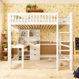 Generic Hochbett mit Schreibtisch und Stauraum: 140x200cm Hochbett mit Bücherregalen, 3 Schubladen und Leiter, Lern- und Schlaflösung, Weiß