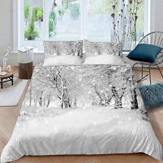Generic Housse de Couette 200x200 For&ecirc;T Enneig&eacute;E Parure de Lit 2 Personnes Motif Blanc 3 Pi&egrave;ces en Microfibre Douce Impression 3D avec 2 Taies Oreiller 65x65 