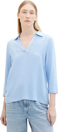Tom Tailor Damen Basic Bluse mit Polo Kragen, 34587 - Light Fjord Blue, XXL