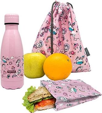 Nerthus Kitchenware FIH 1025 Doppelwandige Flasche aus Edelstahl + Sandwich-Tasche + Einhorn-Rucksack