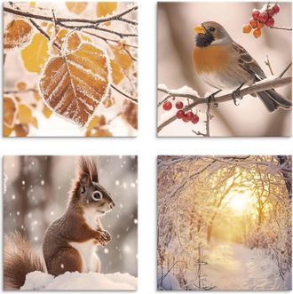 Artland Winterbilder Leinwand Set 4tlg. je 40x40 cm Tiere Wildtiere Winterliche Natur U5NA