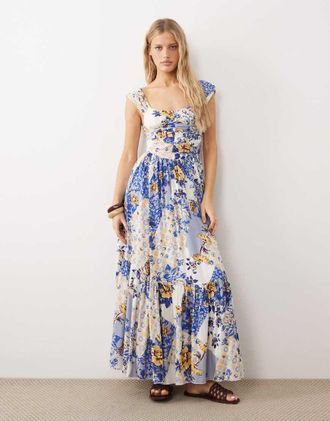 Free People Robe longue taille basse style corset &agrave; fleurs - Bleu et blanc-Multicolore