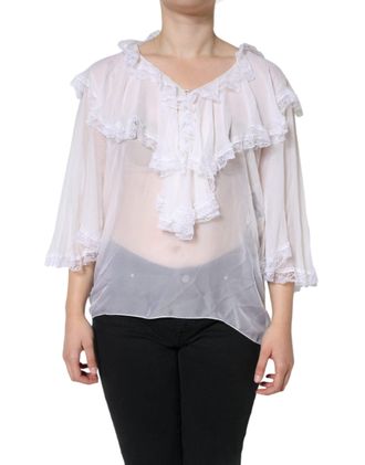 Dolce & Gabbana Womens White Ruffles Lace Long Sleeve Blouse Top Silk Nylon Viscose