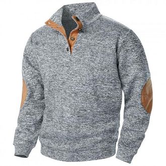 Generic Pull en tricot torsad&eacute; &agrave; col montant pour homme, pull &agrave; col montant 1/4 de bouton, sweat-shirt jacquard tricot&eacute; avec patch au coude, gris clair, 3XL