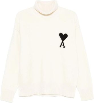 Ami Femme, Pulls, Blanc, Taille: 38 FR Pull Blanc en Laine Col Roulé Logo Coeur