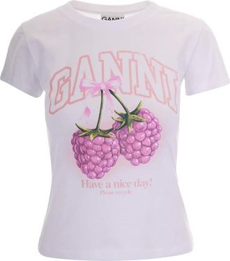 Ganni Femme, Tops, Blanc, Taille: 38 FR T-shirt en coton avec imprim&eacute; framboise