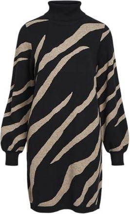 Object Objray L/S Knit Rollneck Dress AOP Noos Robe en Tricot, Noir/Motif : Gris d&eacute;sert Taupe Tigre, L Femmes
