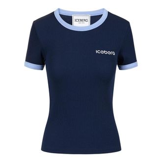 Iceberg Femme, Tops, Bleu, Taille: 38 FR T-shirt bleu slim fit en jersey c&ocirc;tel&eacute; avec imprim&eacute; Iceberg
