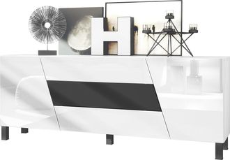 Vladon Sideboard Houston, Made in Germany, Kommode mit 2 Türen und 3 Schubladen, Korpus Weiß matt, Fronten Weiß Hochglanz, mittlere Schublade Schwarz matt (1