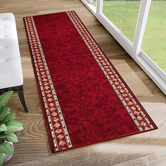 Tapiso Antid&eacute;rapant Tapis Couloir Long Tapis au M&egrave;tre Tapis de Passage Poils Ras Tapis Entr&eacute;e Cuisine &Eacute;vier Chambre Escaliers Moderne Rouge Beige G&eacute;om&eacute;trique