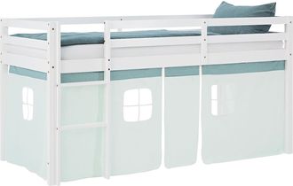 Homestyle4u Kinderbett Hochbett 90x200 mit Vorhang Treppe Grün Bettrahmen Holz Kiefer Weiß
