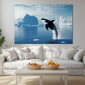 Generic Leinwand-Wandkunst 70x50 cm ungerahmt- Tier Orca Springt Meer Schneeberg Leinwandbild Kunstdruck Groß XXL für Wohnzimmer Schlafzimmer Wandbilder Canva