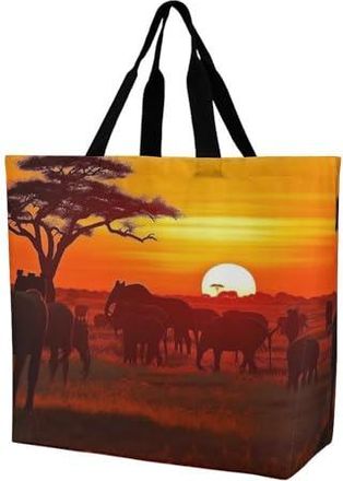 Generic Coucher De Soleil Sur Des Animaux Africains Sac &Agrave; Bandouli&egrave;re Pliable Tote Bag Grand Sac A Main Femme Pour Travail Voyage Shopping