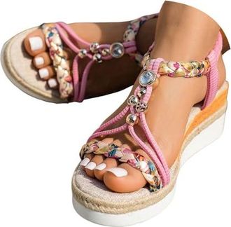 Generic Sandales compensées à large largeur pour femme, sandales dété habillées à bout ouvert et perles pour femme, chaussures de marche vintage antidérapante